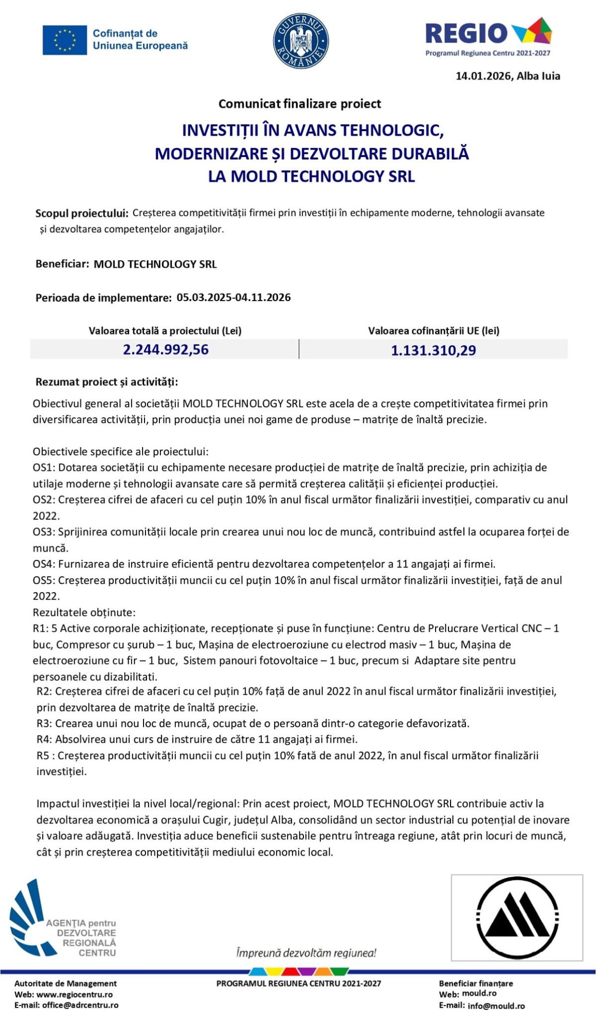 Comunicat finalizare proiect: Investiții în avans tehnologic ...